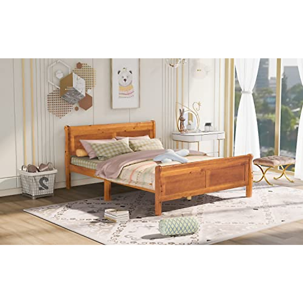 AOCOROE Wood Queen Bed Frame with Headboard and Foot Board, Queen Size Platform Bed Sleigh Bed with Slats and Extra Supporting Legs, No Box-Spring Needed.Oak