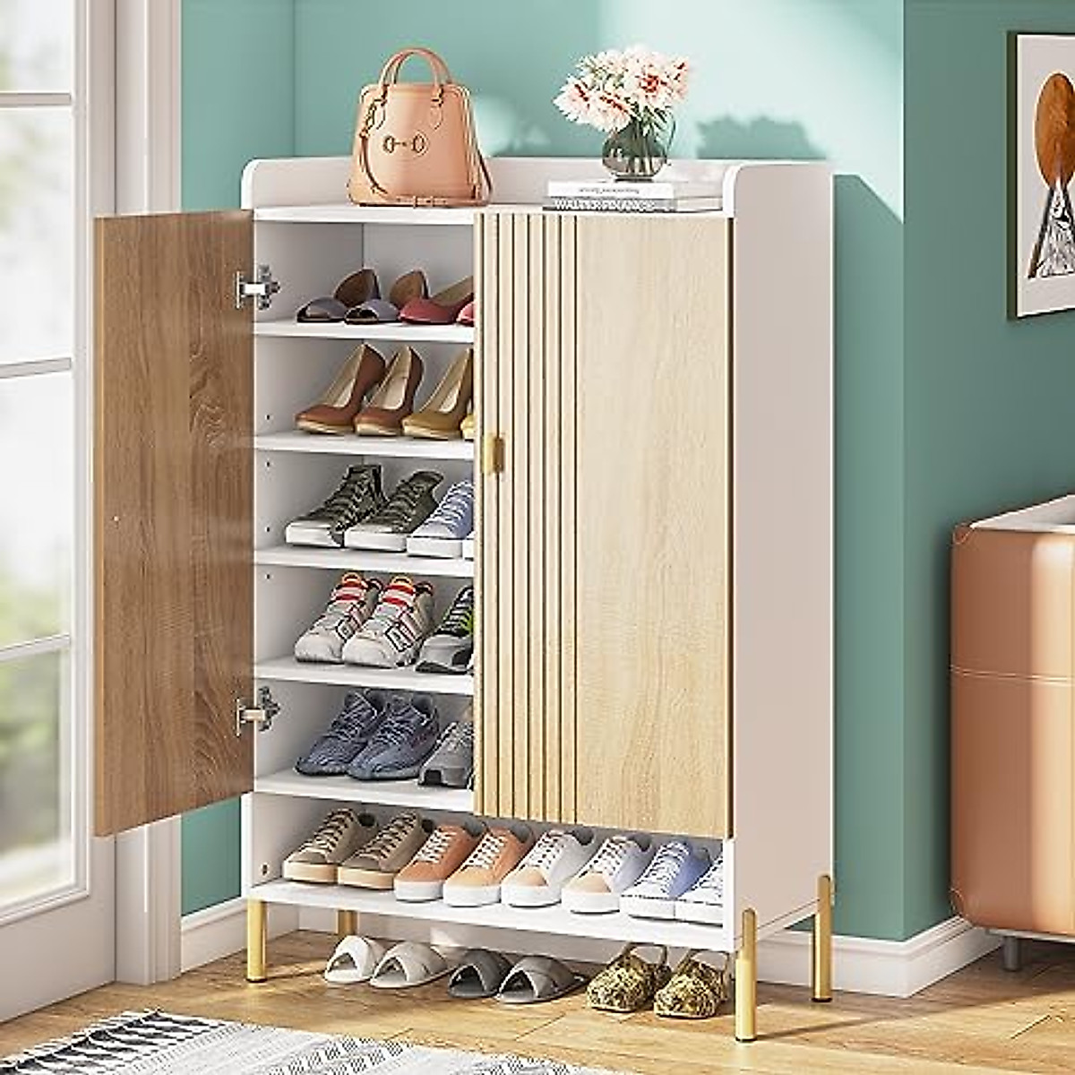 LITTLE TREE Storage Organizer Cabinet Wood Shoe Rack with Doors Adjustable Shelves, Wood & White