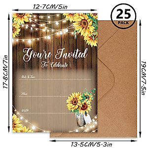 AnyDesign Rustic Sunflower Fill-in Party Invitations, 25 Sets with 25 Envelopes, Suitable for Birthday, Baby Shower, Wedding, Bridal Shower, Rehearsal Dinner, Anniversary, etc.