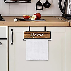 MyGift Rustic Burnt Solid Wood and Black Metal Over The Cabinet Door Dish Hand Towel Rack, Kitchen Drying Towel Bar with Decorative Cursive Home Writing