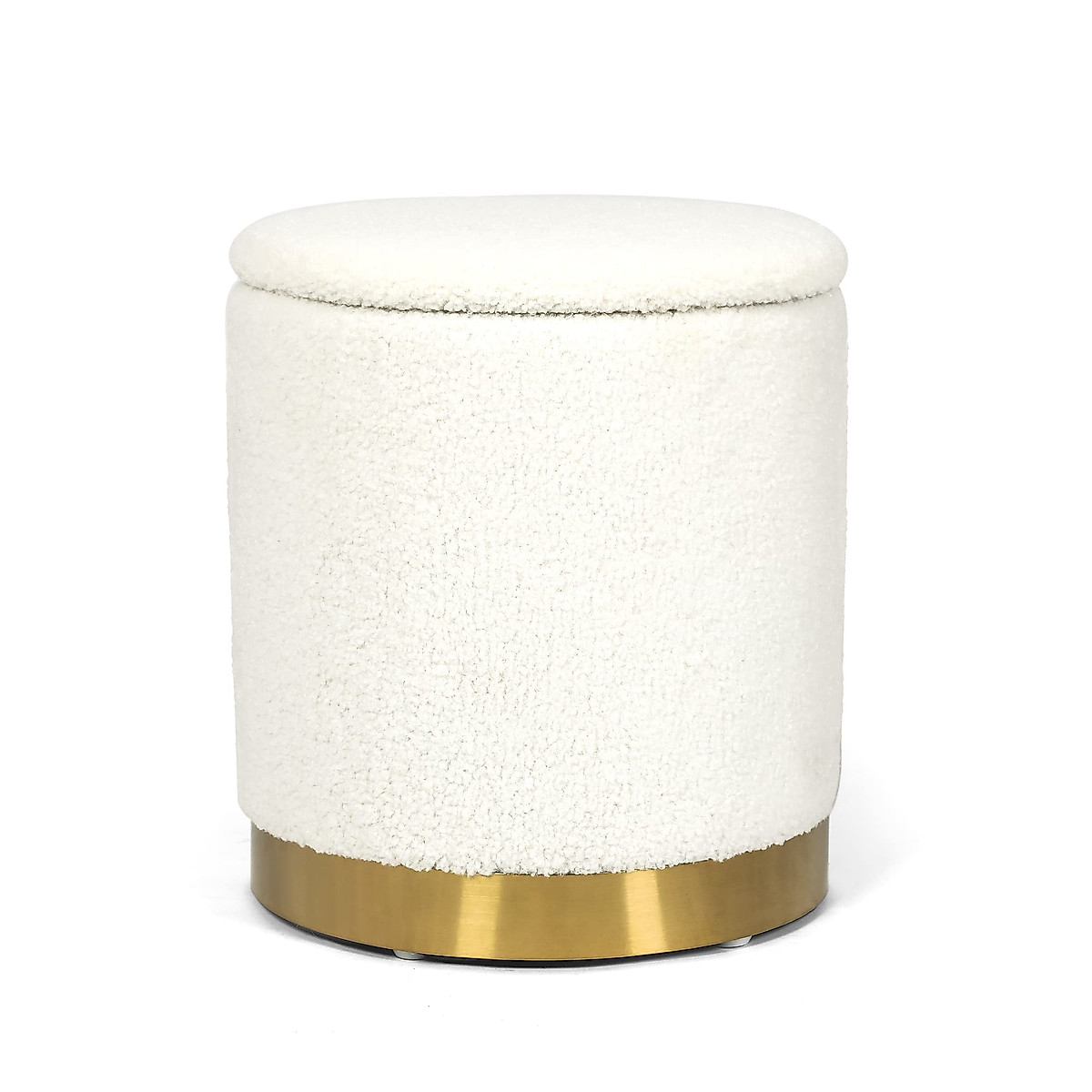 Adeco Round Storage Ottoman, Upholstered Vanity Stool with Removable Lid, Footrest Stool with Gold Metal Base, Side Table Padded Seat for Living Room Bedroom, White