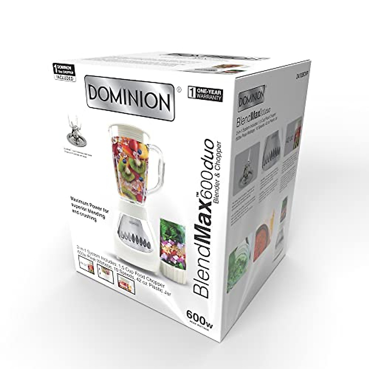 Dominion BlendMax Duo Countertop Blender for Smoothies and Shakes with Food Chopper for Nuts and Vegetables, 10 Speeds with Pulse, Sharp Durasteel® Stainless Steel Blade, White