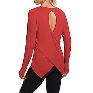 Mippo Open Back Workout Tops Long Sleeve Yoga Gym Athletic Active Wear Shirts Backless Seaters Thumb Hole Tshirts Work Out Clothes for Women Loose Fit Red S