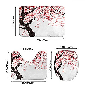 WONDERTIFY Japanese Cherry Tree Blossom Bathroom Antiskid Pad Pink 3 Pieces Bathroom Rugs Set, Bath Mat+Contour+Toilet Lid Cover