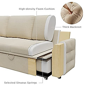 PaPaJet Pull Out Sofa Bed, Modern Tufted Convertible Sleeper Sofa, L Shaped Couch with Storage Chaise, Chenille Sectional Bed for Living Room (Beige)