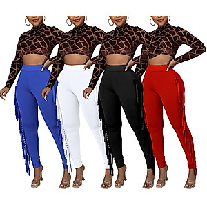 Choichic Women's Casual High Waist Fringed Pants Elastic Waist Bodycon Pants Trousers Tassels Side Long Pants Jogger Sweatpant Skinny Leggings White Small