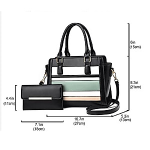 ZiMing® Handbag Set for Women Faux Leather Tote Bag Top Handle Bag Stripe Splicing Purse Wallet Clutch 2Pcs Set-Green