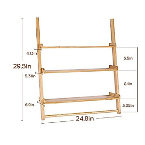 Bloddream Carson 3-Tier Storage Display Shelf, Leaning Solid Wood Storage Rack, Floating Shelf with Towel Bar for Bathroom, Natural Pine Wood