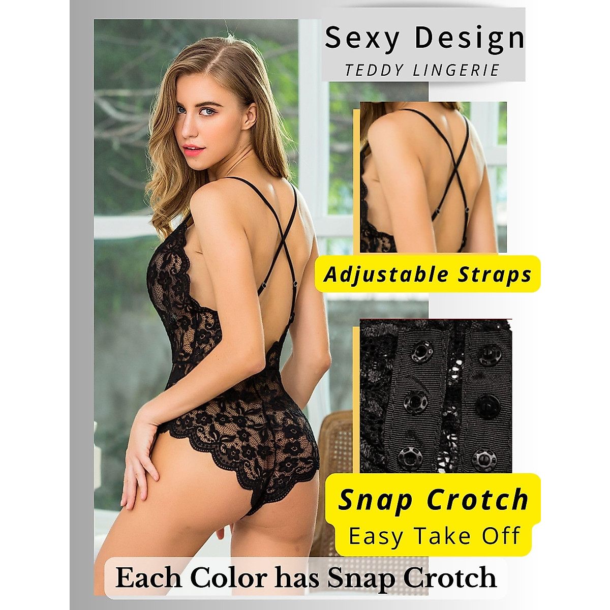 Avidlove Womens Black Bodysuit Teddy Lingerie (Black L)