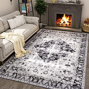 LOCHAS Super Soft Area Rug, Washable Living Room Rug, Non Slip Rug for Bedroom Livingroom Dining Room, Low Pile Vintage Floral Print Accent Carpets for Office Home Floor Carpet (Grey, 4x6 Feet)