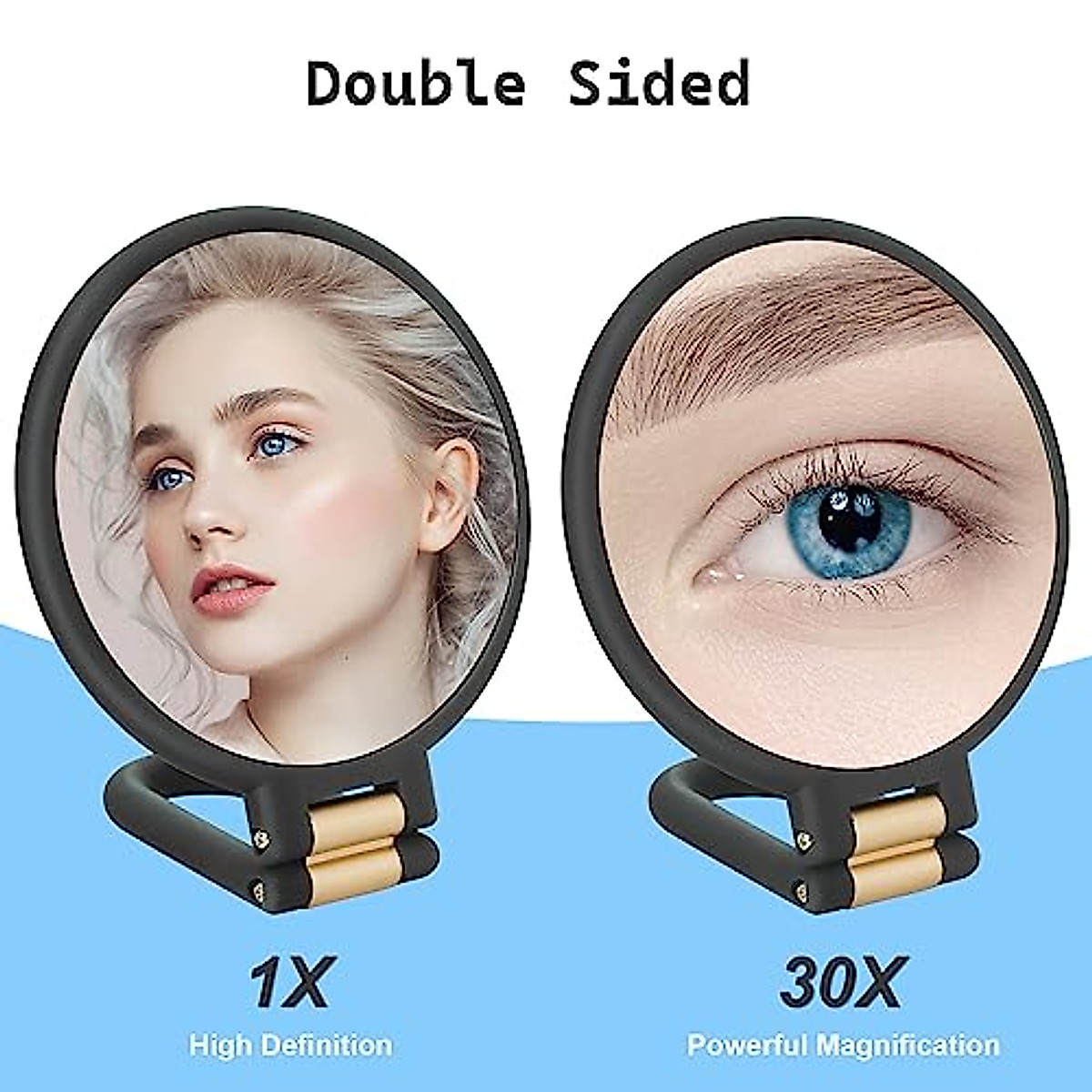 Sifolo 30x Magnifying Mirror, Travel Hand Mirrors with Handle - Double Side Handheld Mirror with 1X 30X Magnification & Adjustable Handle/Stand, Hand Held Foldable Travel Mirror for Makeup(Black)