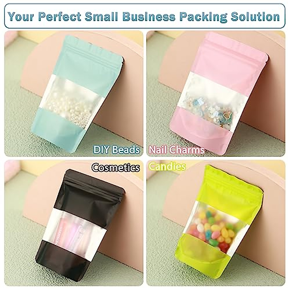 200 PCS-Stand Up Mylar Bags for Food Storage 5.5x7.9, Resealable Ziplock Bags with Visible Window Foil Pouch Bags Great for Packaging Small Craft, Lipgloss, Jewelry Packaging for Small Business