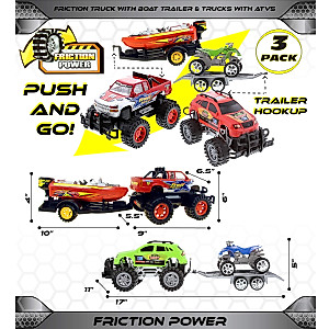 Mozlly Bundle of 2 Friction Powered Monster Trucks with ATV Trailer Playset, Push Powered Monster Truck with Speed Boat Transport Toys - Push & Go