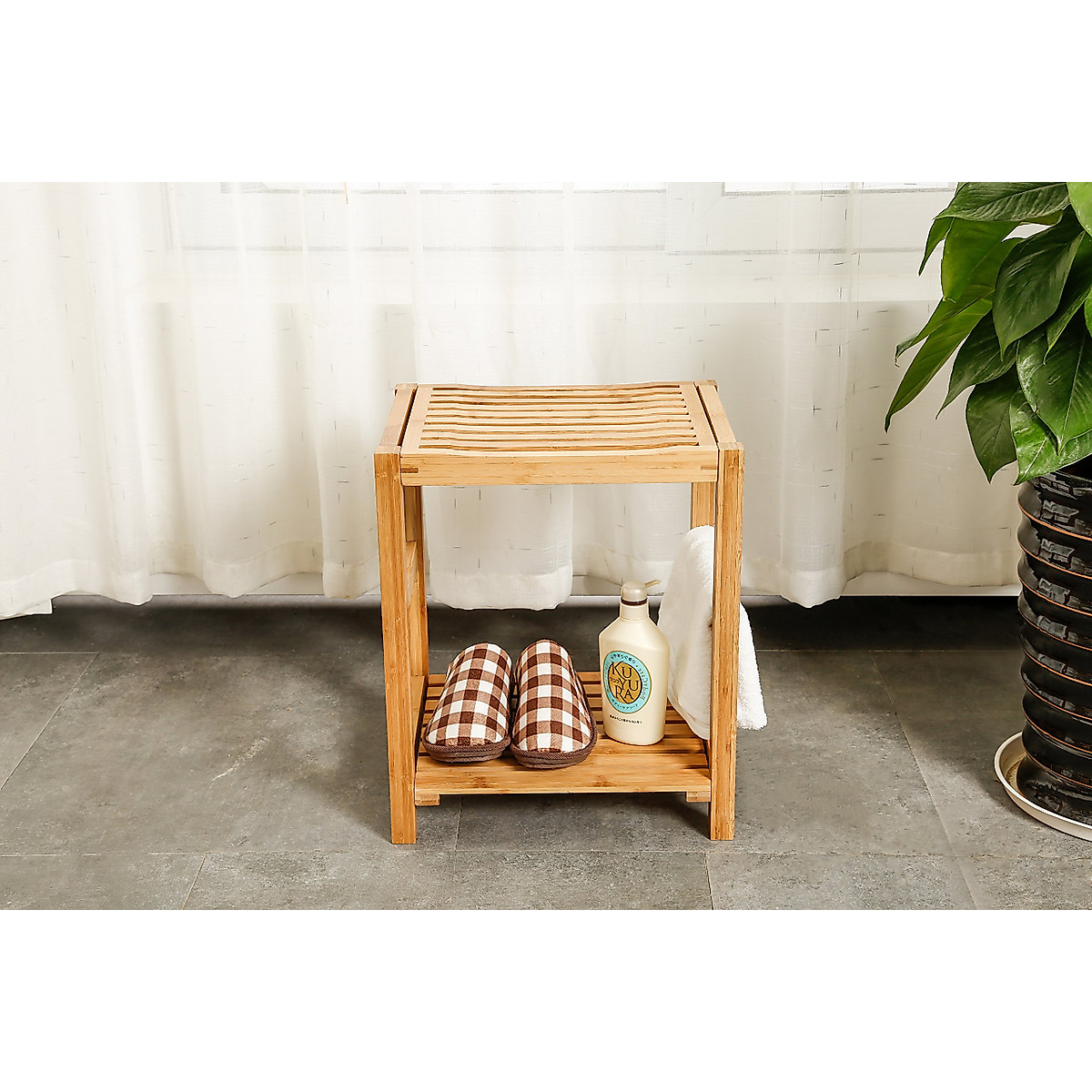 New Ridge Home Goods NewRidge Home Natural Bamboo Shower Seat, Shaving Stool, Spa Bath Bench with Storage Shelf