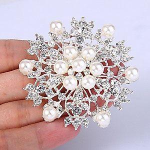 EVER FAITH Austrian Crystal Cream Simulated Pearl Elegant Flower Corsage Brooch Clear Silver-Tone