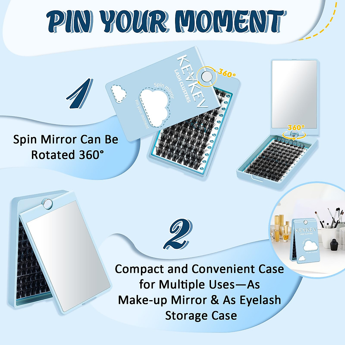 KevKev Lash Clusters 96 Pcs Cluster Lashes Special Spin Mirror Case DIY Lash Extension Soft & Comfortable Eyelash Clusters Thin Band Eyelashes with Mirror Easy to Apply (Cloudy,D-10-16mix)