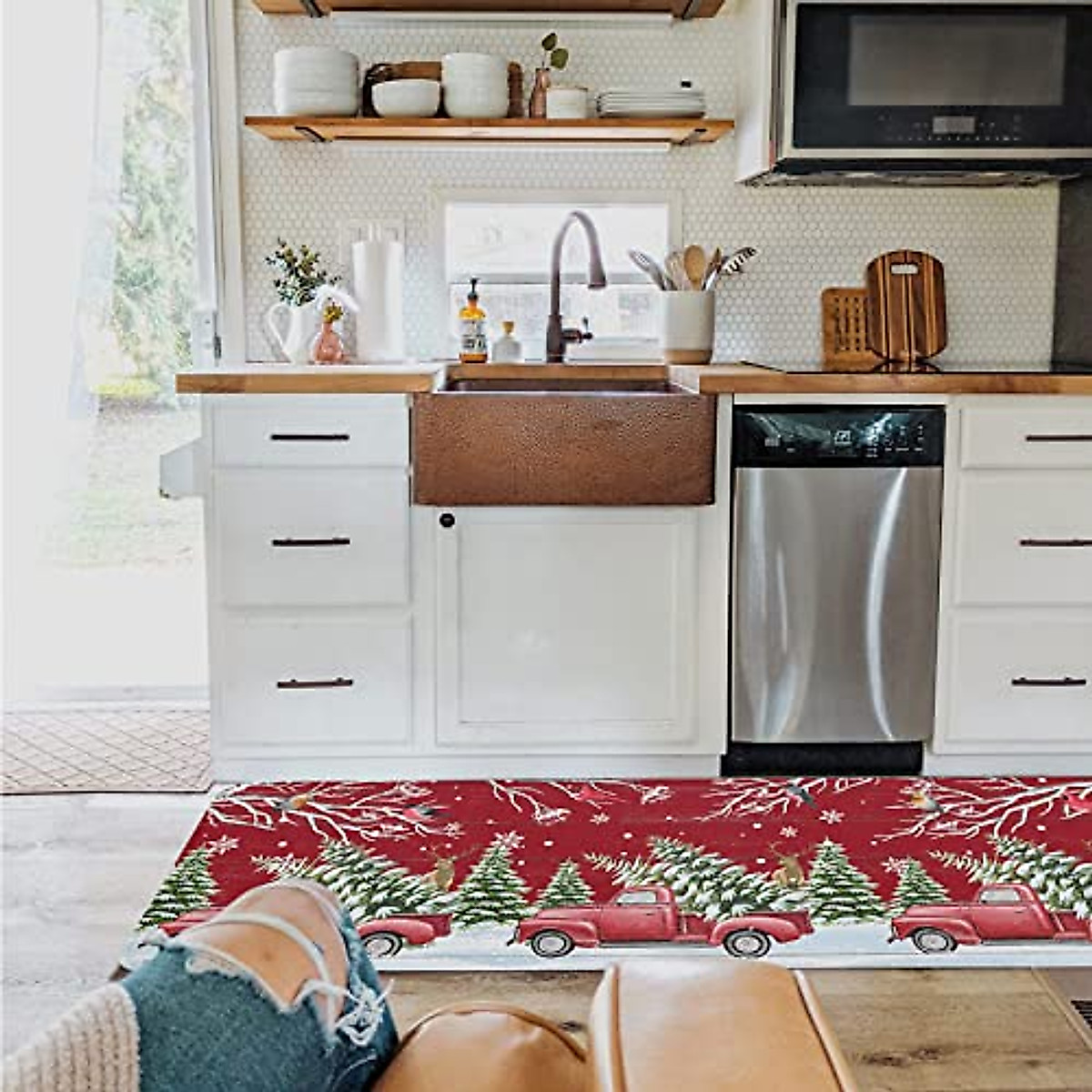 Libaoge Kitchen Mat Rug 1 PCS Christmas Truck Xmas Tree Snow Red Background Runner Rug Anti-Fatigue Comfort Memory Foam Standing Mat Non-Slip Floor Door Mat for Bathroom Bedroom 20x63in