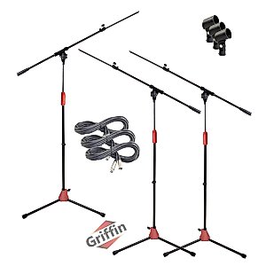 Microphone Boom Stand with XLR Mic Cable & Clip (Pack of 3) by GRIFFIN | Telescoping Arm Tripod Legs for Studio Recording Accessories, Singing Vocal Karaoke, Live Stage | 20ft Pro Audio Mic Cord Wire