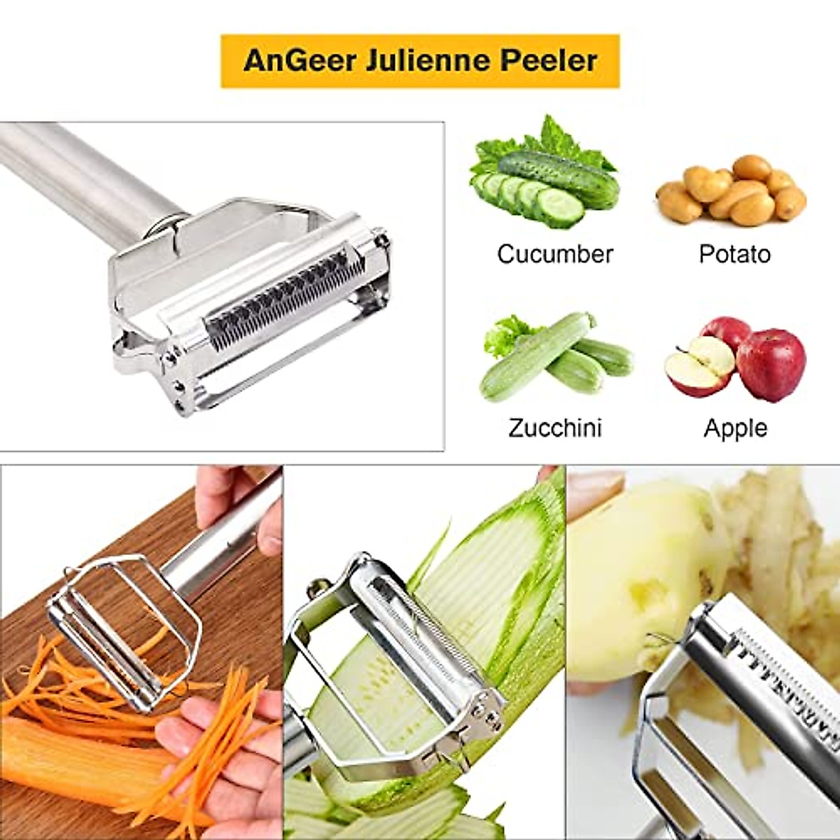 AnGeer Julienne Peeler, Stainless Steel Vegetable Peeler, Double-Sided Blade Vegetable Julienne Cutter and Fruit Slicer, Dual Blade Multifunction Potato Peeler