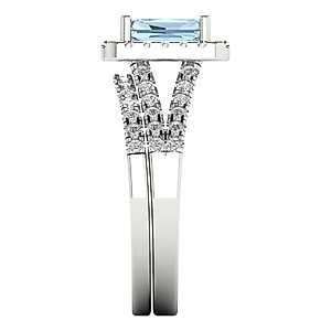 Clara Pucci 1.7 ct Emerald Halo Solitaire Genuine Natural Aquamarine Designer Art Deco Statement Wedding Ring Band Set 18K White Gold 11