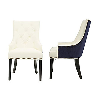 Iconic Home Cadence Dining Side Chair Button Tufted PU Leather Velvet Polished Brass Nailheads Espresso Finished Wooden Legs, Navy – White, Modern Transitional