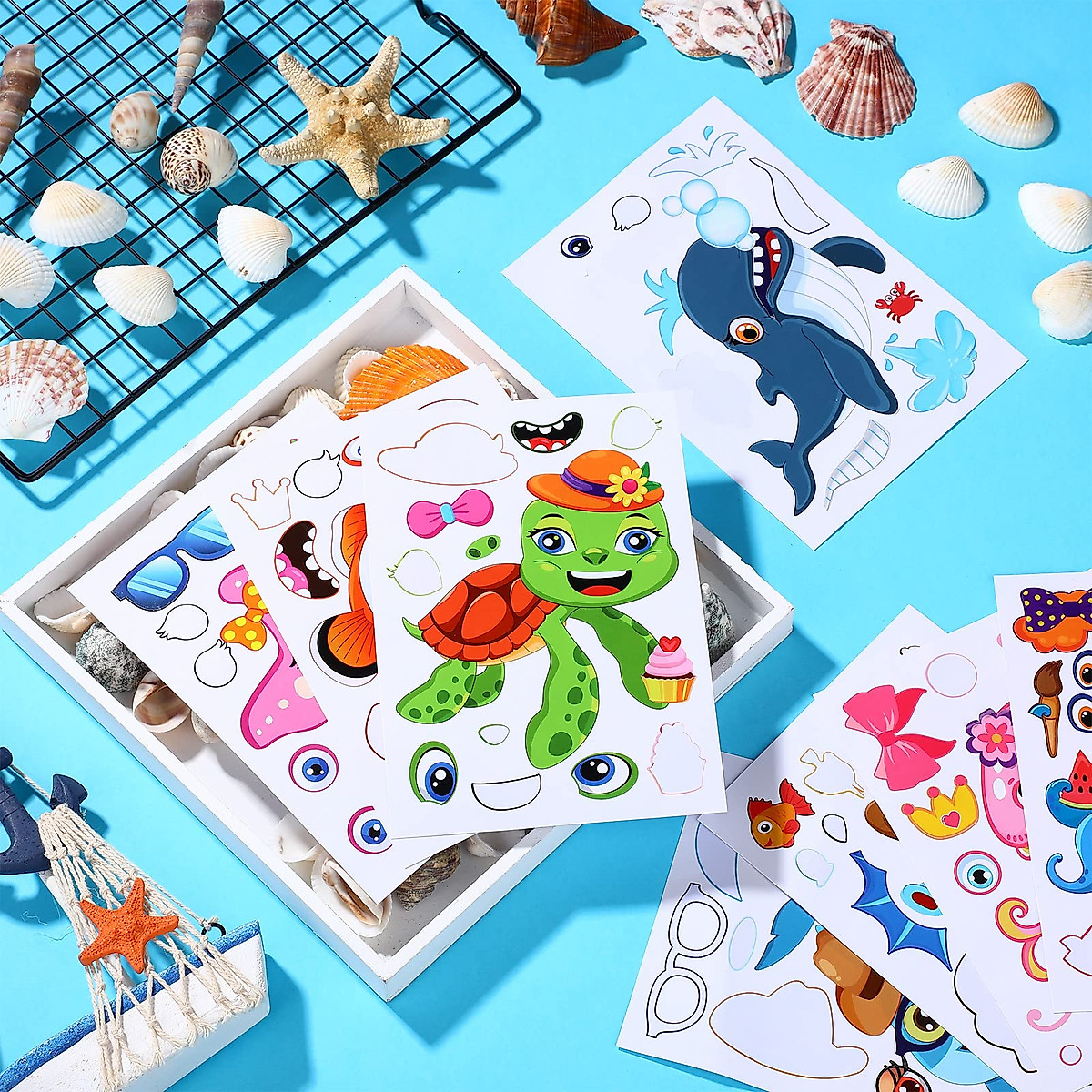 48 Pcs Ocean Animal Stickers Craft for Kids Under The Sea Party Favors Summer Stickers Beach Craft Kit Make a Sea Sticker Sheets Mermaid Party Shark Themed Birthday Baby Shower Party Supplies