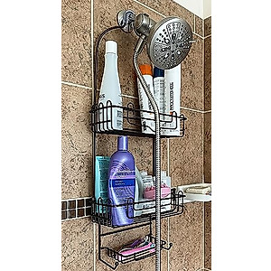 Bextsrack Shower Caddy Over Shower Head, Bathroom Hanging Shower Organizer Rack with Hooks, SUS201 Stainless Steel Shower Shelves for Shampoo, Soap, Bronze