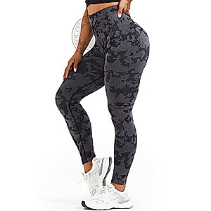 CFR Women's Big Camo Print Seamless Leggings High Waist Workout Stripe Butt Lifting Tummy Control Ruched Yoga Pants Compression Sports Stretch Workout Fitness Gym Exercise Daily Dress Camo Black M