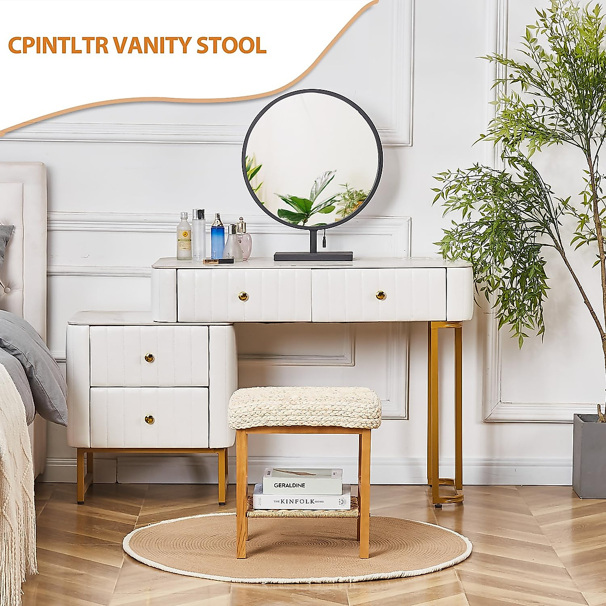 Cpintltr Foot Stool Natural Seagrass Hand Weave Poufs Square Ottoman Bench Modern Dressing Stool Small Stool Side Table Footstool with Wood Legs Vanity Stool for Bathroom Living Room Natural White