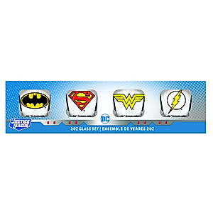DC Comics Justice League Shot Glass Set - 2 oz. Capacity - Set of 4 Shot Glasses - Superman, Batman, Wonder Woman, Flash Clear