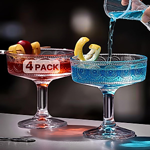 Mfacoy Vintage Coupe Glasses Set of 4, 7 oz Embossed Floral Martini Glasses, Unique Cocktail Galssware, Bar Drinking Glasses Set Pefect for Champagne, Cocktail, Martini, Wine & Gift