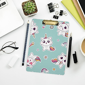 Plastic Clipboard Cute Unicorn Cat Caticorn A4 Letter Size 12.5 x 9 Inch with Metal Low Profile Clip for Office Classroom Students Coaches （Gold Clip）