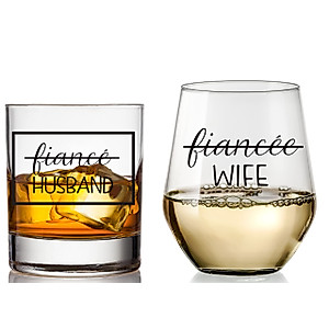 COOL AF Wedding Gift Glass Set For Bride and Groom - Mr and Mrs Whiskey and Wine Glass Gift Set - Engagement Gift for Couples and Newlyweds - Husband and Wife