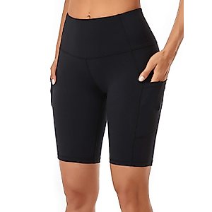 Oalka Women's Yoga Short Side Pockets High Waist Workout Running Shorts Black L