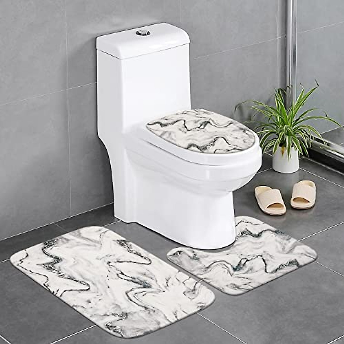 Claswcalor 4 Pcs Grey Marble Shower Curtain Sets with Non-Slip Rug, Toilet Lid Cover and Bath Mat, Abstract White and Gray Shower Curtain with Hooks, Modern Luxury Shower Curtains for Bathroom Decor