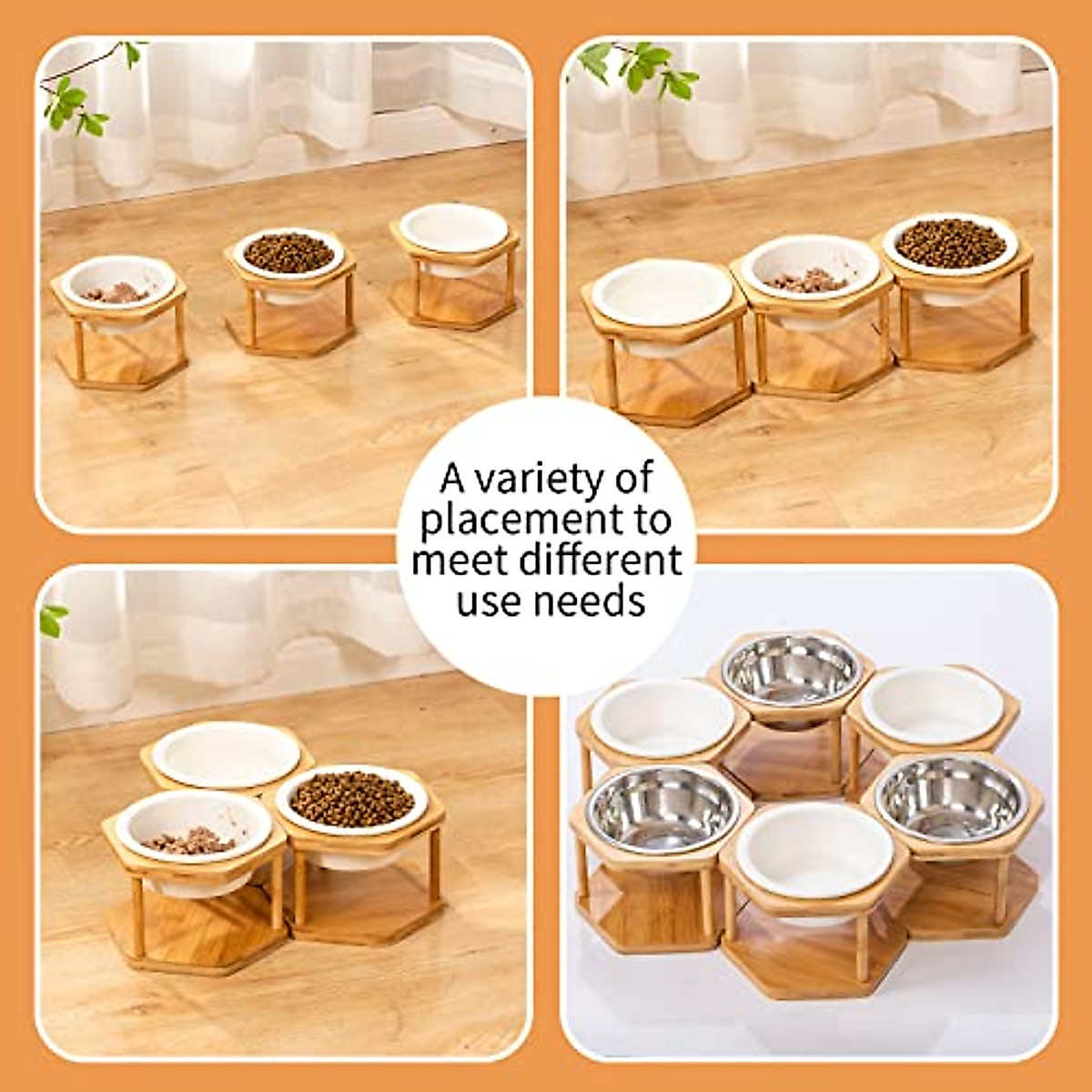 Lusifaco Set of 3 Single Elevated Cat Bowls, Stainless Steel Raised Cat Food Water Bowl with Bamboo Stand, Pet Dishes Stand Feeder with Anti Slip Feet for Cats and Small Dogs, 13 oz(Stainless Steel)