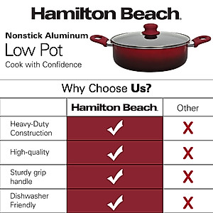 Hamilton Beach Low Dutch Oven Pot 12 Inch Red, Nonstick Cooking Pot with Soft Touch Bakelite Handle & Glass Lid | Superb Heat Conduction Deep Fryer Pot, Multipurpose Use