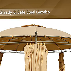 ECOTOUGE 11.5ft Outdoor Patio Gazebo Steel Round Fabric Top Anti-UV Dome Gazebo Canopy w/Ground Stake and Removable Curtains, Beige