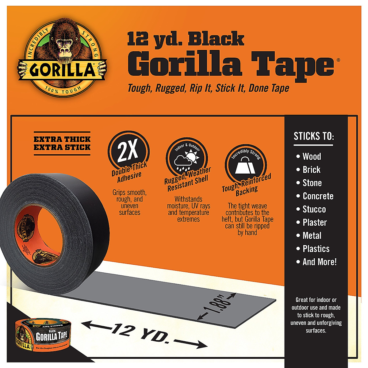 Gorilla Black Duct Tape, 1.88" x 12 yd, Black, (Pack of 6)