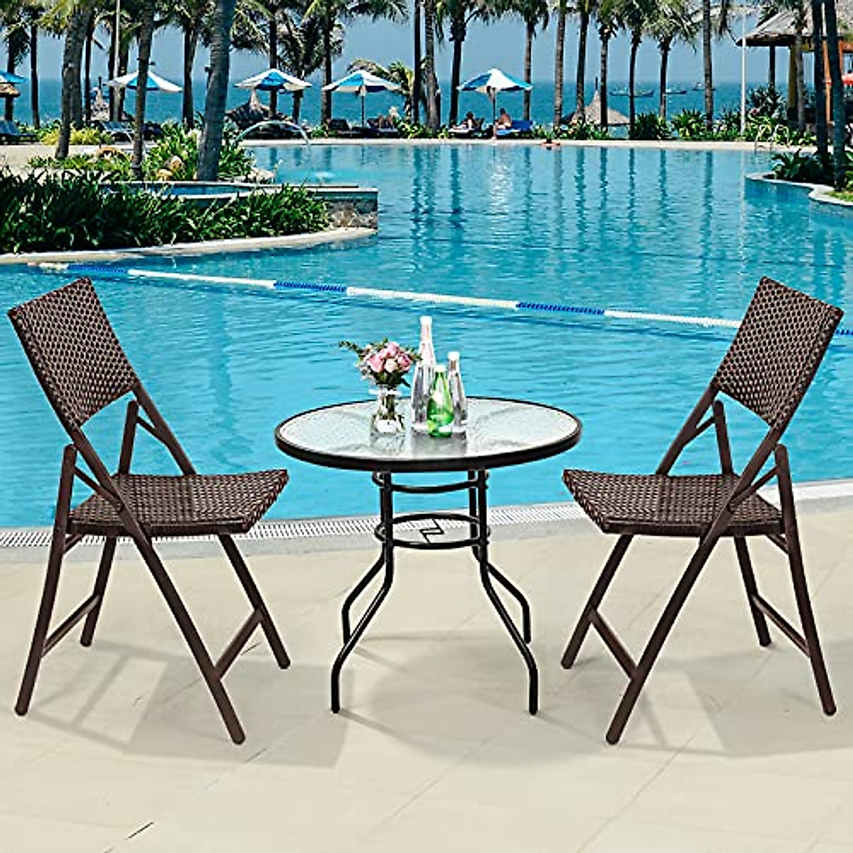 Tangkula 2 Pieces Patio Rattan Folding Dining Chairs, Outdoor Wicker Folding Chairs with Anti-Rust Steel Frame, Portable Patio Furniture Bistro Chairs for Garden, Poolside and Backyard