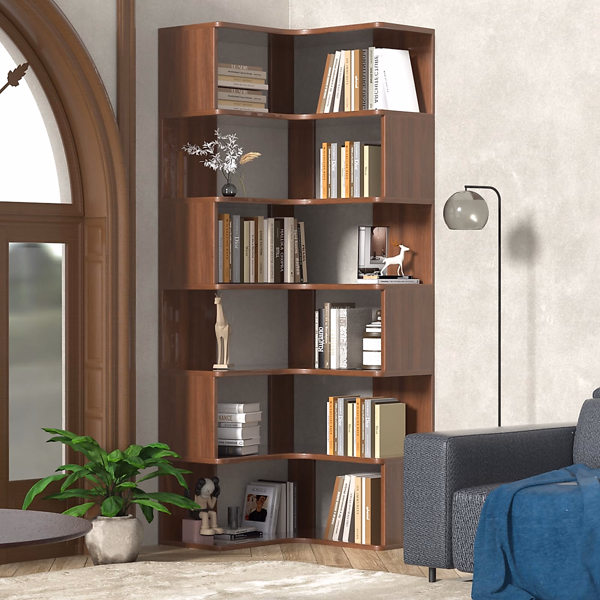 KINGBO 6-Tier Corner Bookshelf, 75" Tall Corner Bookcase Shelf, Solid Wood Bookshelf Organizer, Open Bookcase, Large Corner Display Shelf Rack for Living Room, Bedroom and Home Office, Walnut