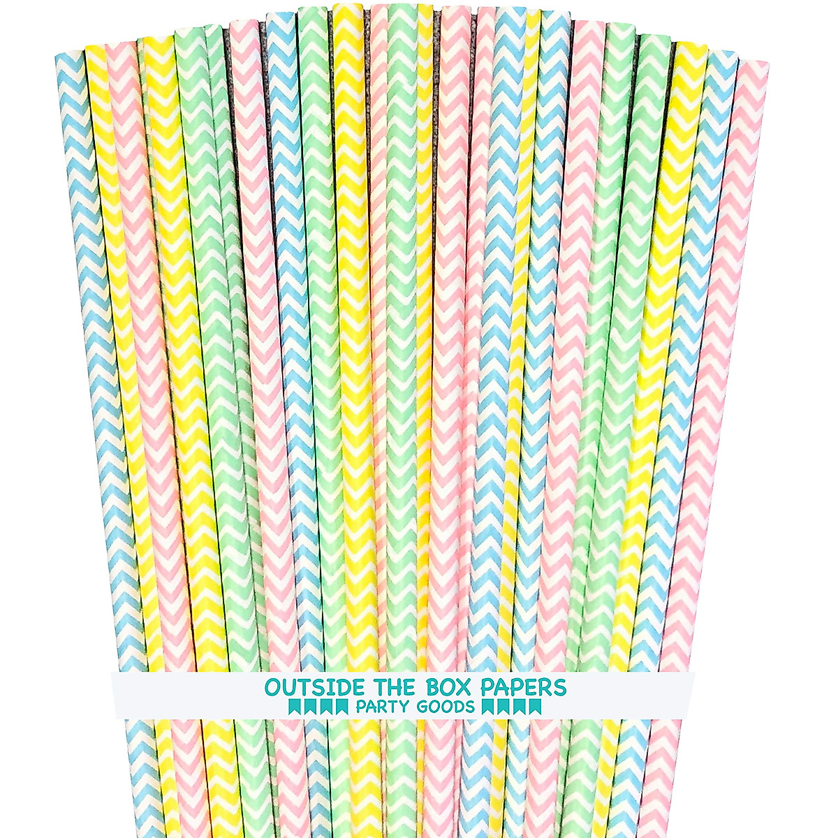 Outside the Box Papers Pastel Chevron Paper Straws - Easter Straws - 100 Pack Pink, Light Blue, Yellow, Green