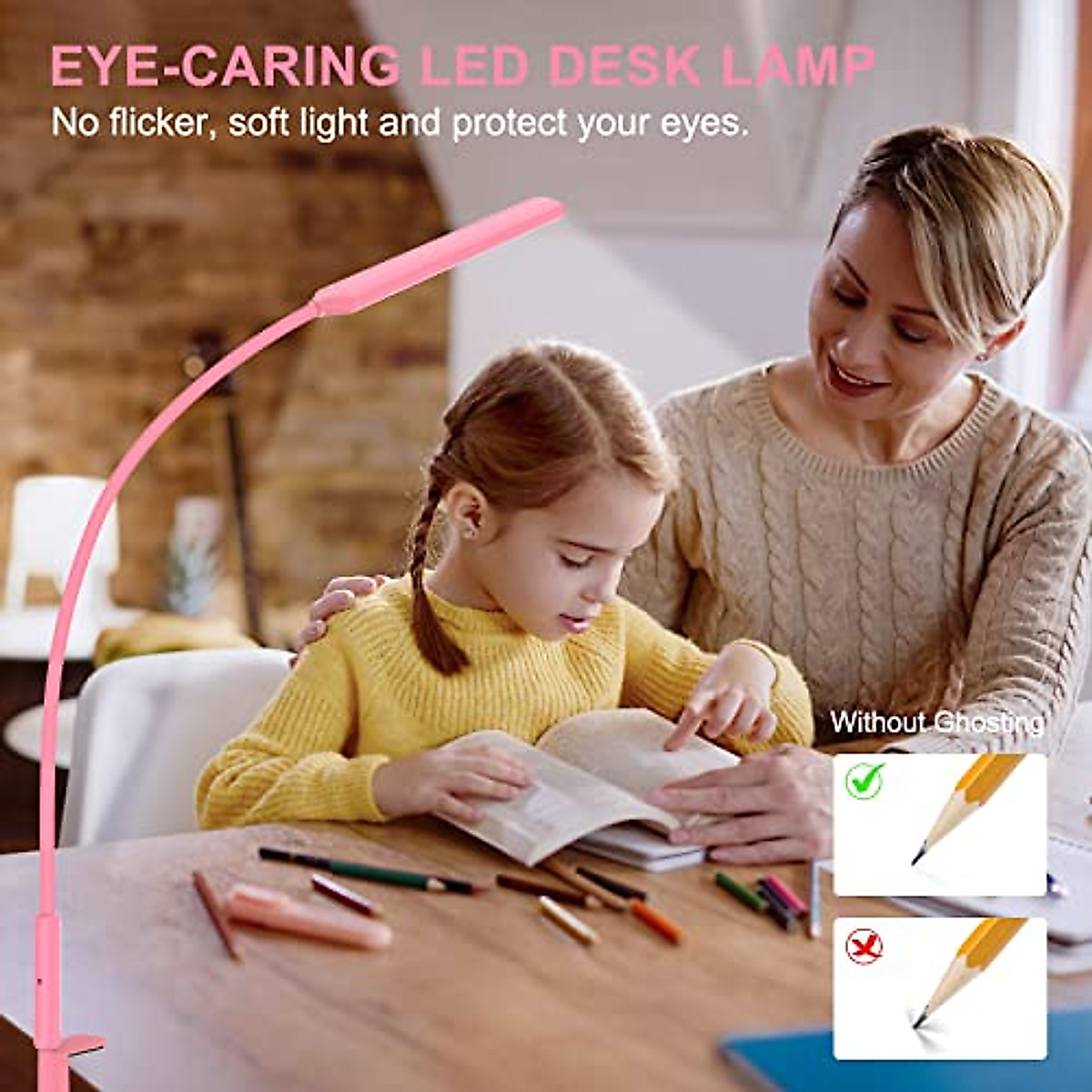 yotutun LED Pink Table Lamp with Clamp, Flexible Gooseneck Desk Light, Eye-Caring Architect 3 Modes 10 Brightness Levels, Memory Function Desk Lamps for Home Office, 10W
