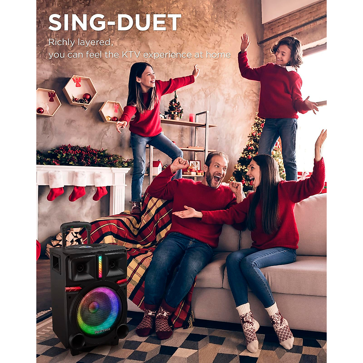 HEARTSEA Karaoke Machine with 2 Wireless Microphones for Kids, Portable Bluetooth Singing Speaker Adults with Disco Ball + Lyrics Display Holder - TF Card/USB/FM Radio for Parties Recording