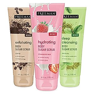 Freeman Sugar Body Scrub Set, Strawberry Milk, Green Tea, and Coffee Body Scrubs, Hydrating, Exfoliating, & Deep-Cleansing Skincare, Removes, Dirt, Oil, & Impurities, Self-Tan Prep, 3 Count