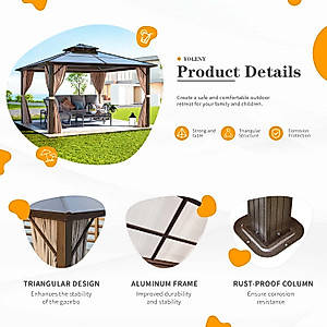 YOLENY 12'x12' Hardtop Gazebo, Outdoor Polycarbonate Double Roof Canopy, Aluminum Frame Permanent Pavilion with Curtains and Netting, Sunshade for Garden, Patio, Lawns