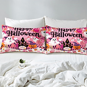 Kawaii Halloween Ghost Duvet Cover Set Full Size,Pink Lovely Cute Ghost Pumpkin Comforter Cover with 2 Pillowcases,Cartoon Dessert Style Happy Holiday Breathable Quilt Cover Set(Not Comforter)