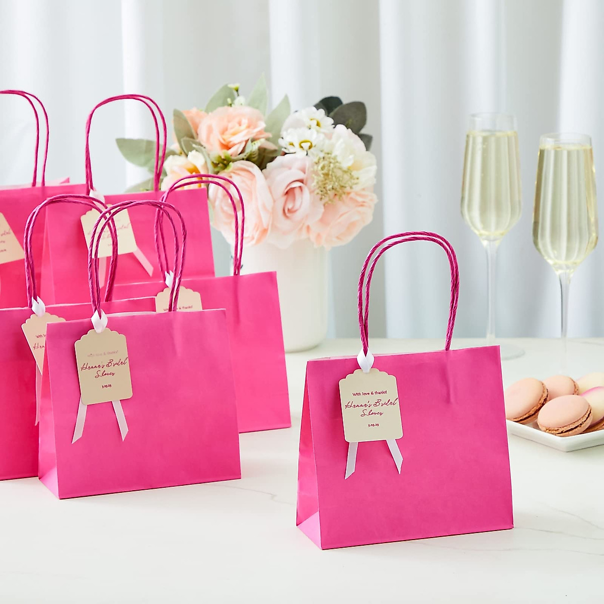 Sparkle and Bash 50 Pack Mini Pink Gift Bags with Handles, Bulk Kraft Party Favor Bags (6 x 5 x 2.5 In)