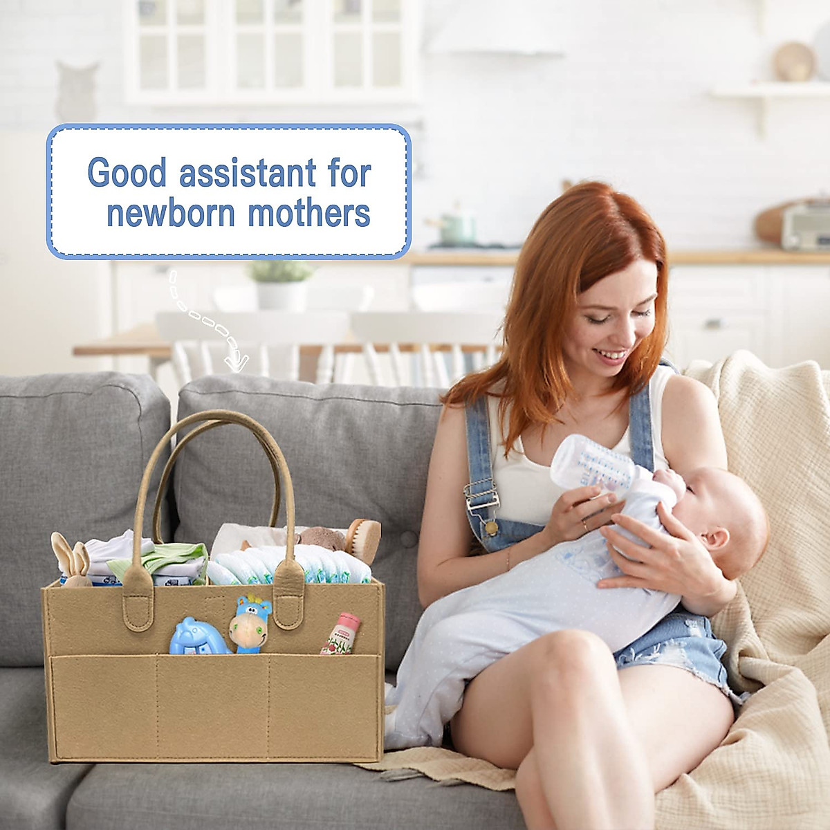 Esoes Diaper Caddy Organizer, Baby Diaper Caddy, Nursery Storage Basket Bin and Car for Diapers and Baby Wipes, Nappy Bags for Mom Toys Storage for Child (Beige)