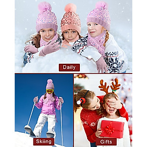 Liitrsh 2 Sets Girl's Winter Knit Hat Scarf Gloves Set Warm Fleece Lined Pom Pom Hat Scarf Gloves for Teens Pink Purple